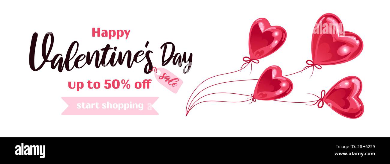 Horizontal banner for Valentines Day. Flying sparkling realistic heart ...