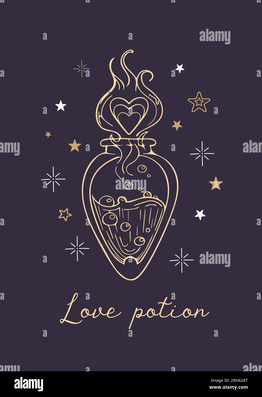 Cute vintage illustration for Valentines Day. Boiling magic witch love ...