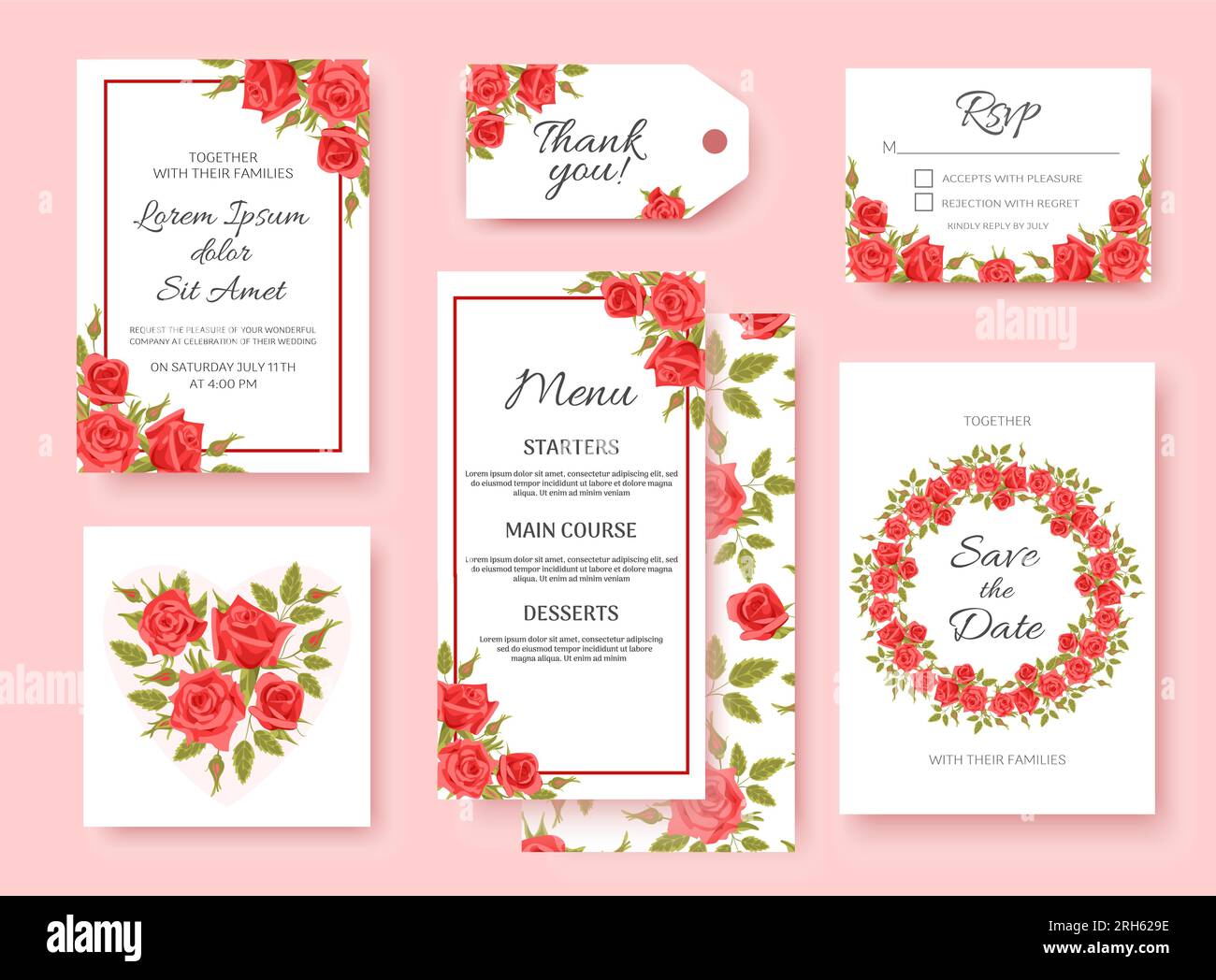 A set of elegant bright templates for the wedding. Red roses. For ...