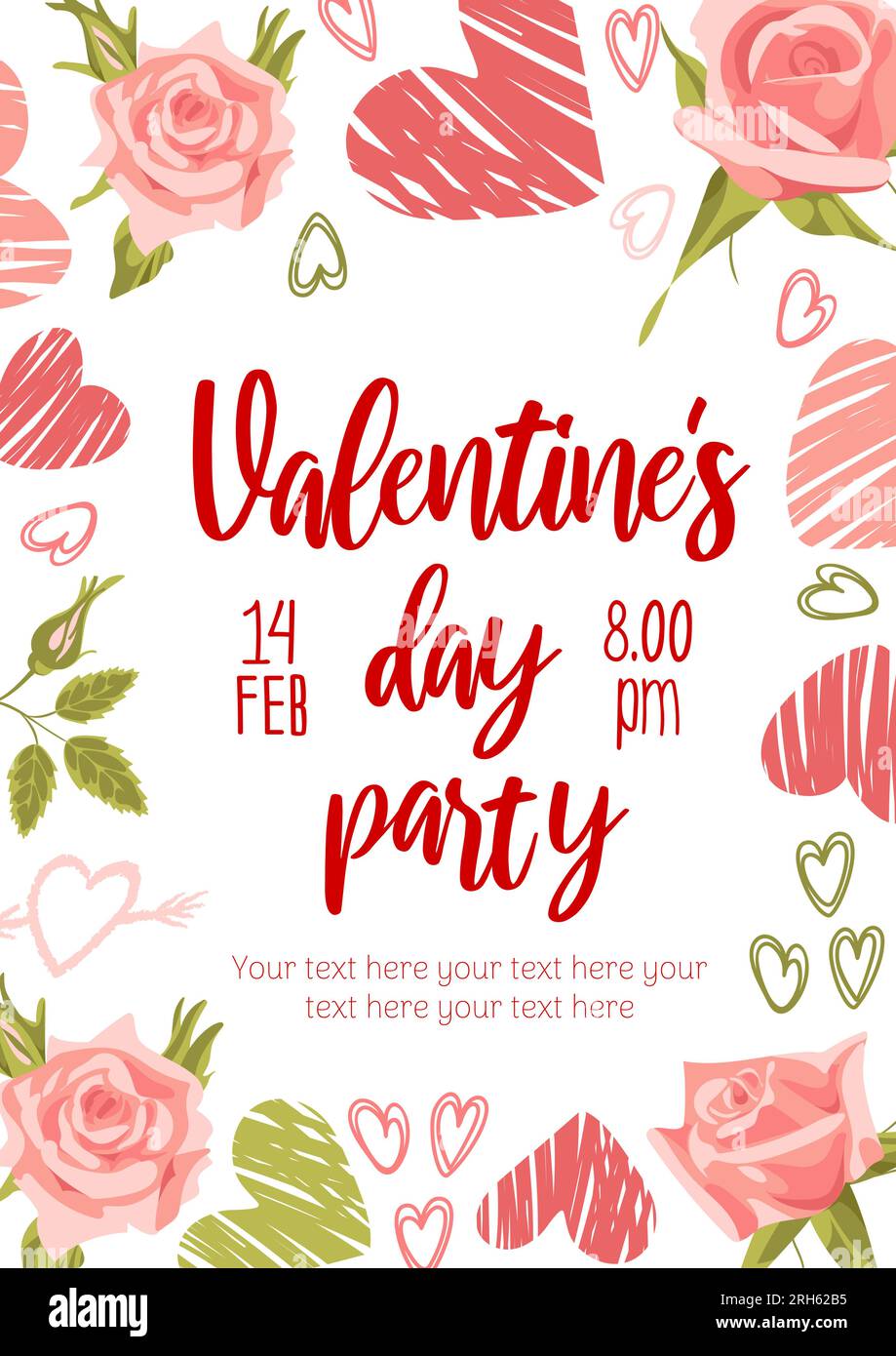 Valentines day, party invitation. Hearts and roses. Bold modern ...