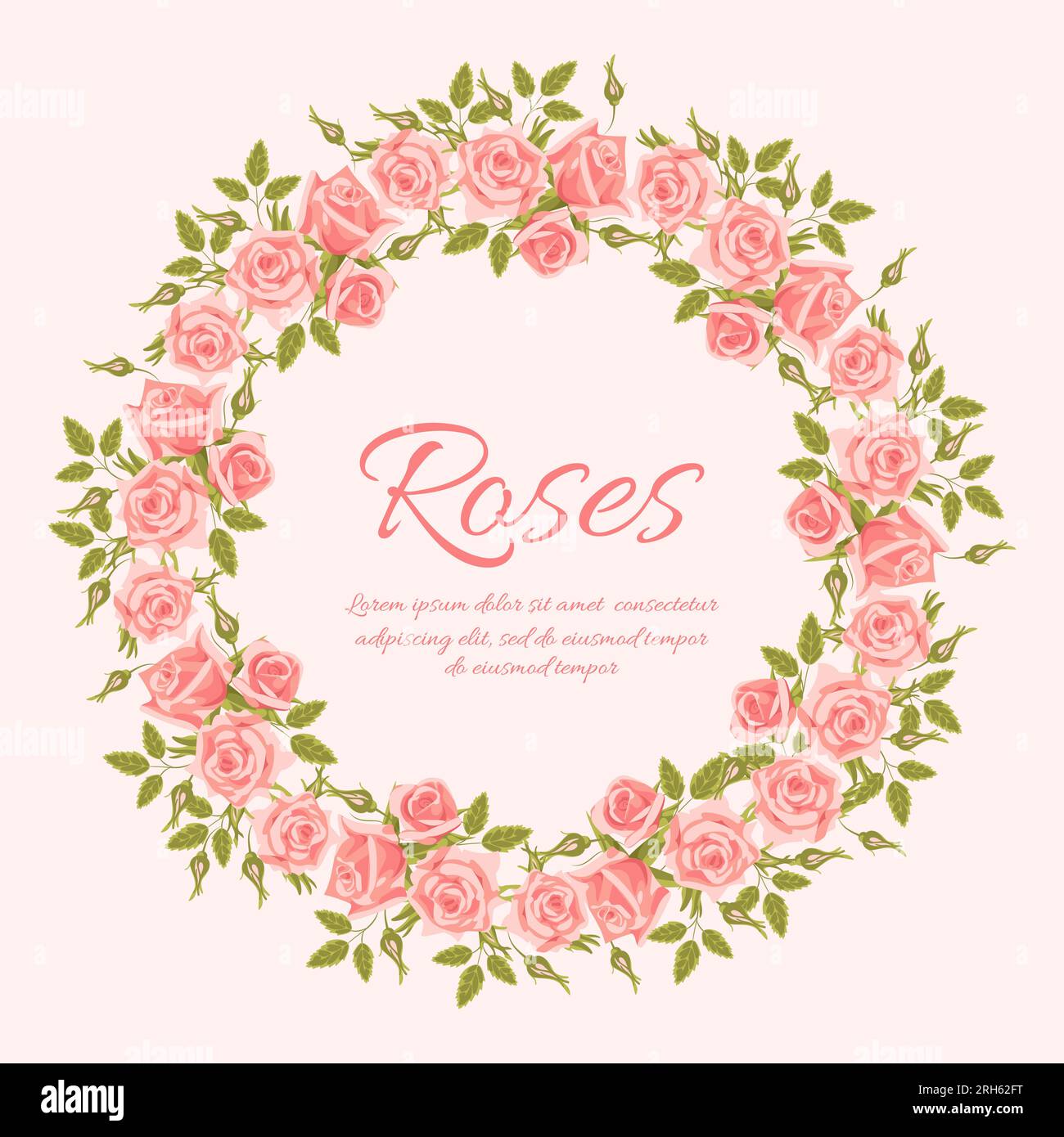 Wreath of vintage English roses. Delicate pink flower buds with leaves ...