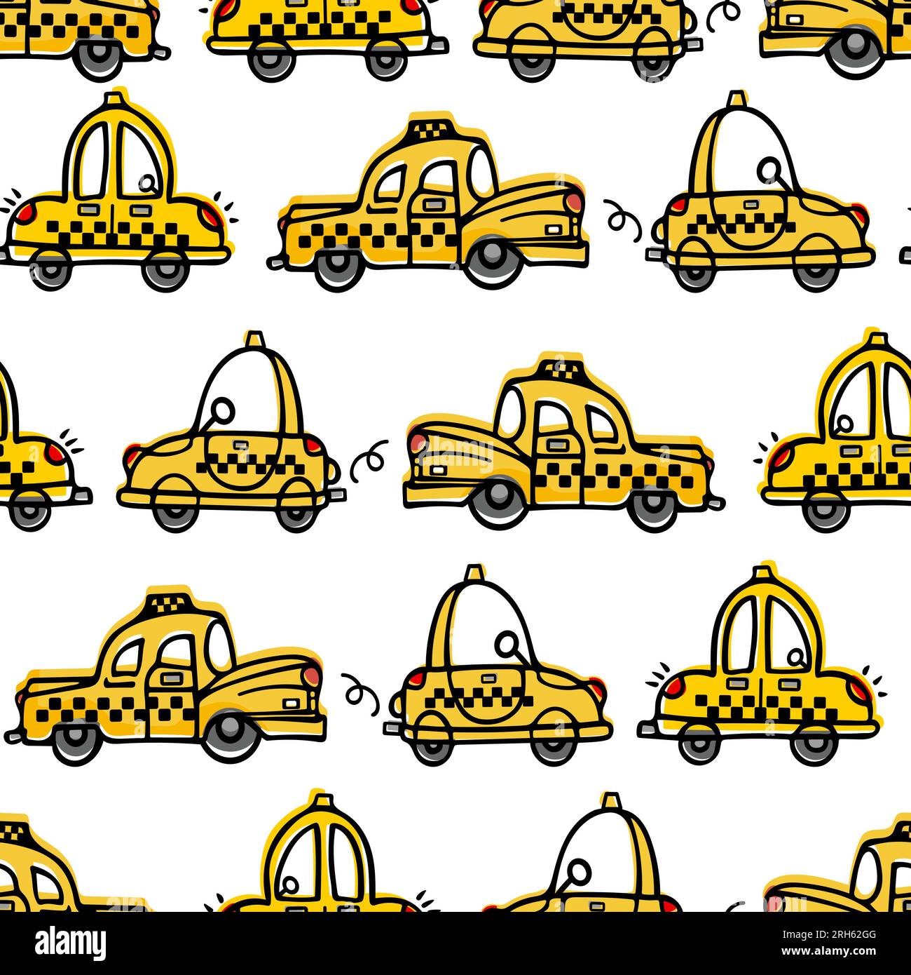 Cute cartoon yellow retro taxi drives along the road. Childrens cartoon ...