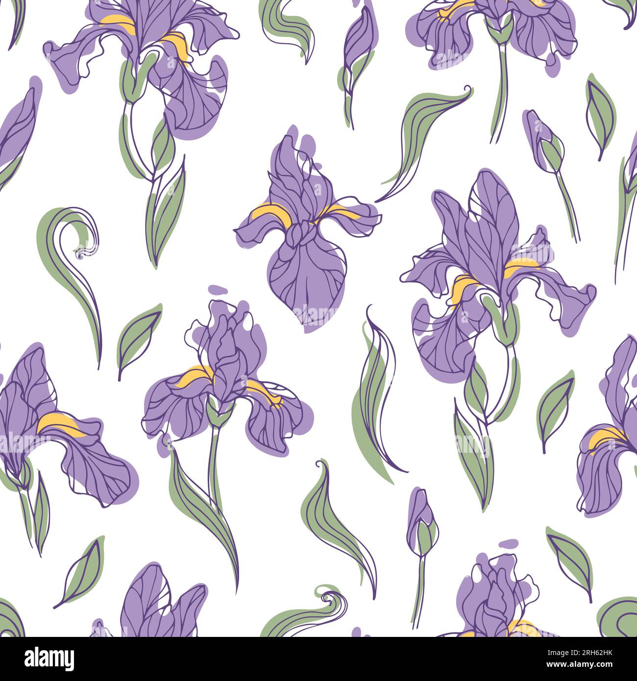 Seamless pattern of modern bright iris flowers on a white background ...