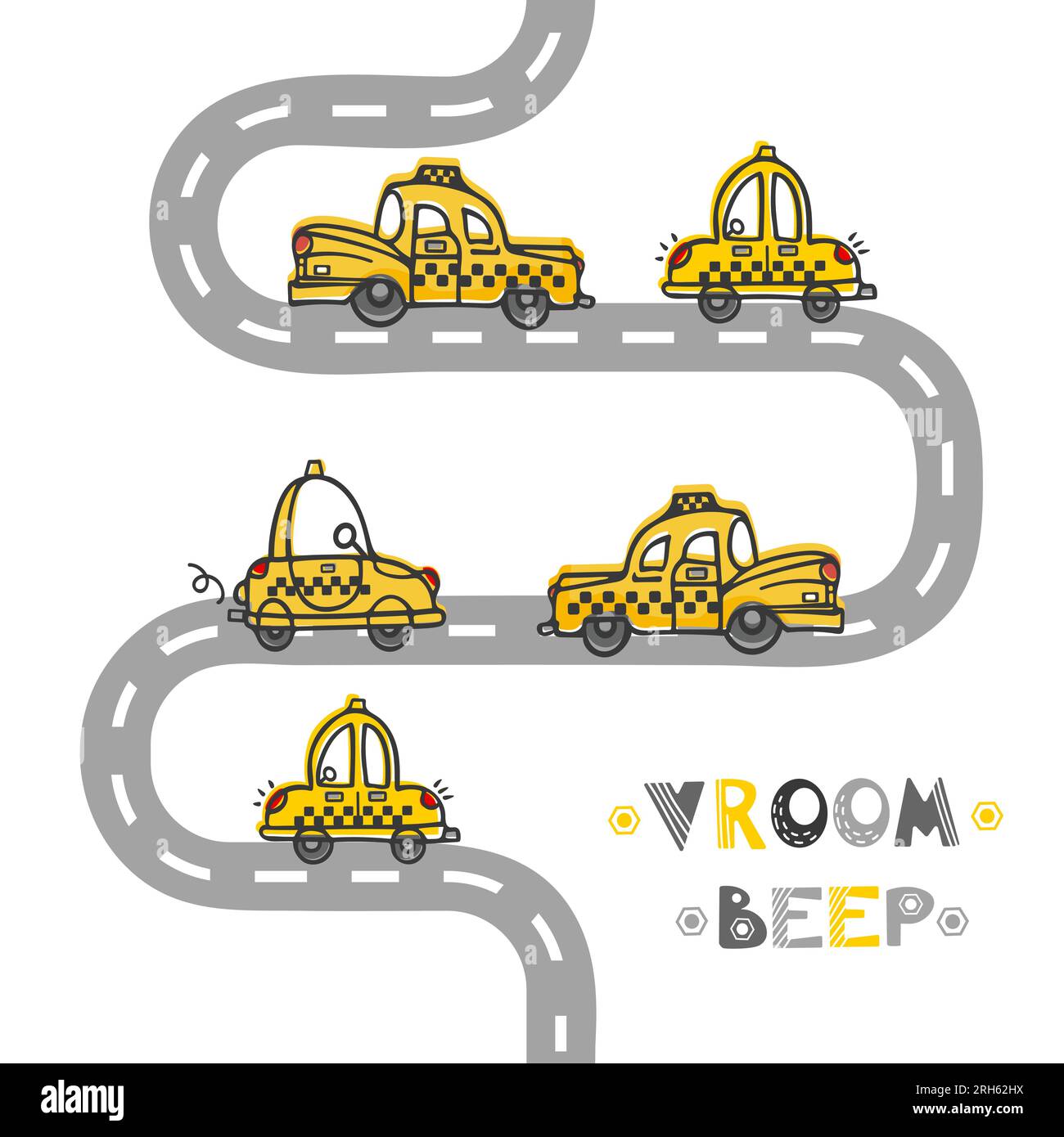 Cute cartoon yellow retro taxi drives along the road. Childrens cartoon ...