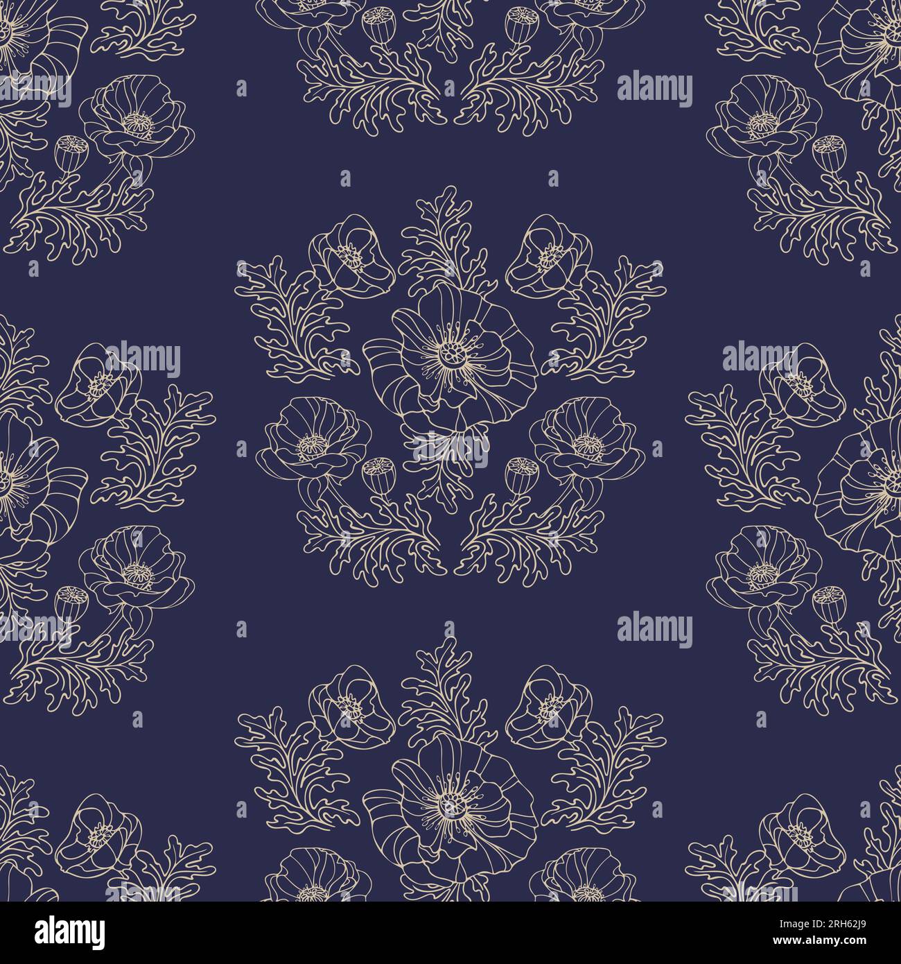 Vintage elegant seamless pattern of gold graceful poppy flowers in art ...