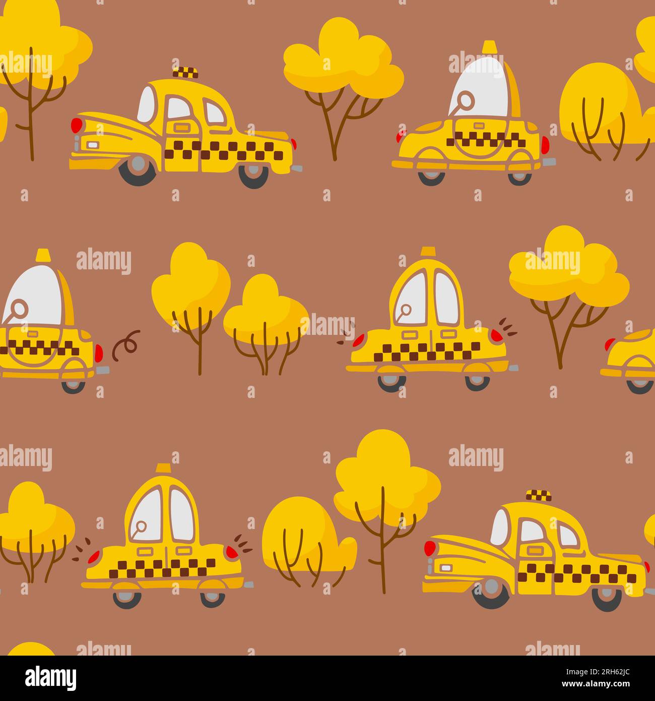 Cute vintage cartoon yellow taxi cars driving along the road and trees in warm bright colors ...