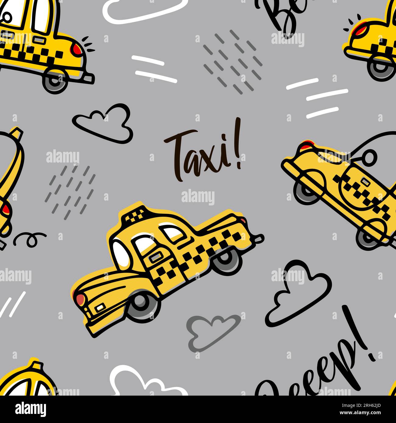 Cute cartoon yellow retro taxis are flying among the clouds. Childrens ...