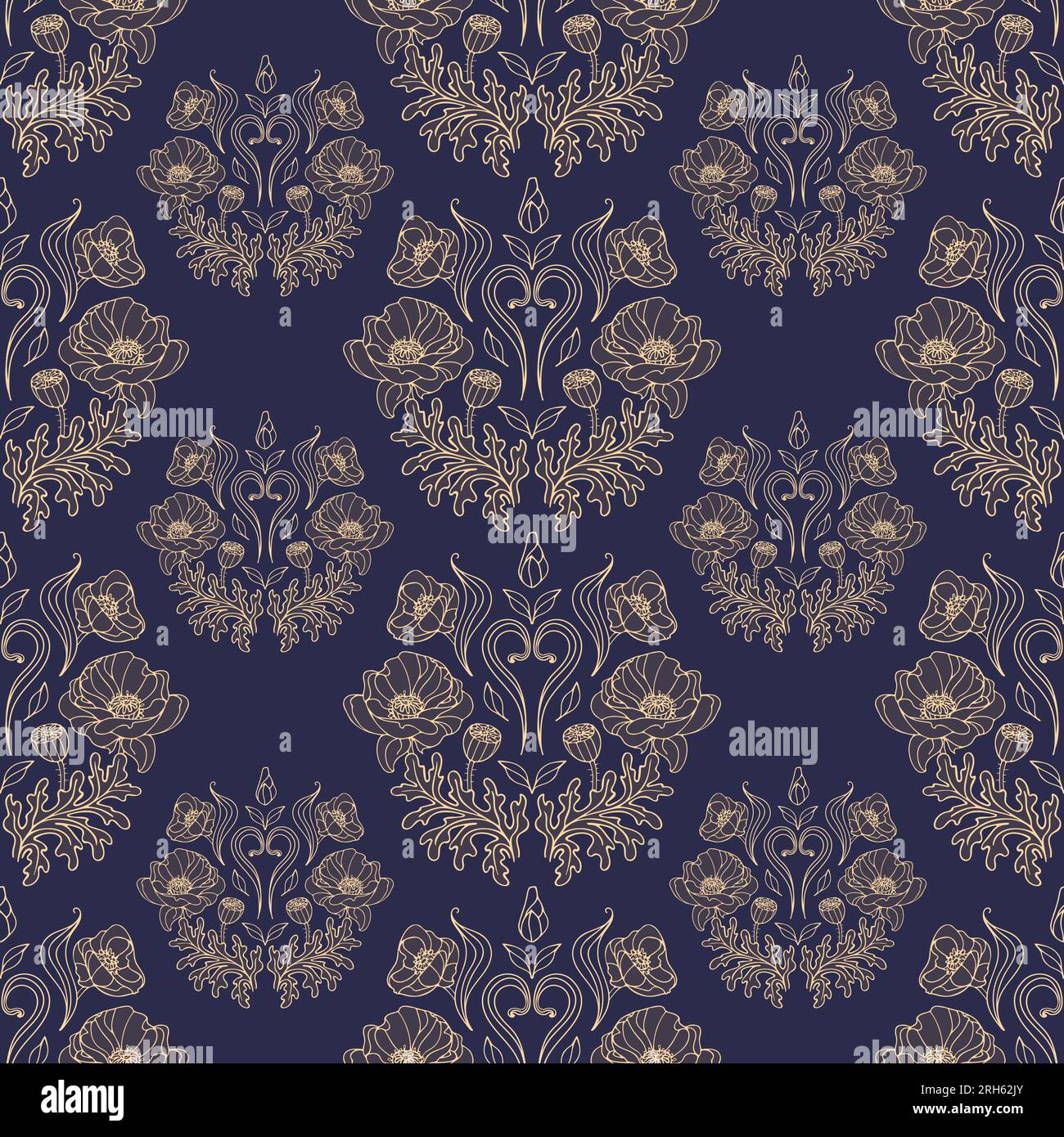 Vintage gothic seamless pattern of gold graceful poppy bud in art ...