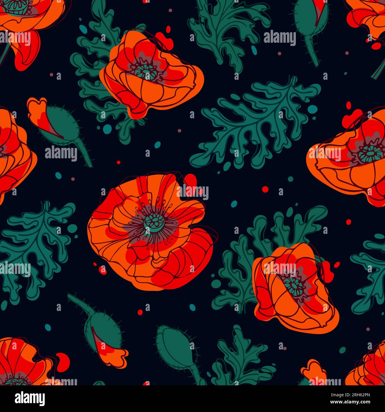 Contrasting poppy flowers and leaves on a dark background. Bright ...