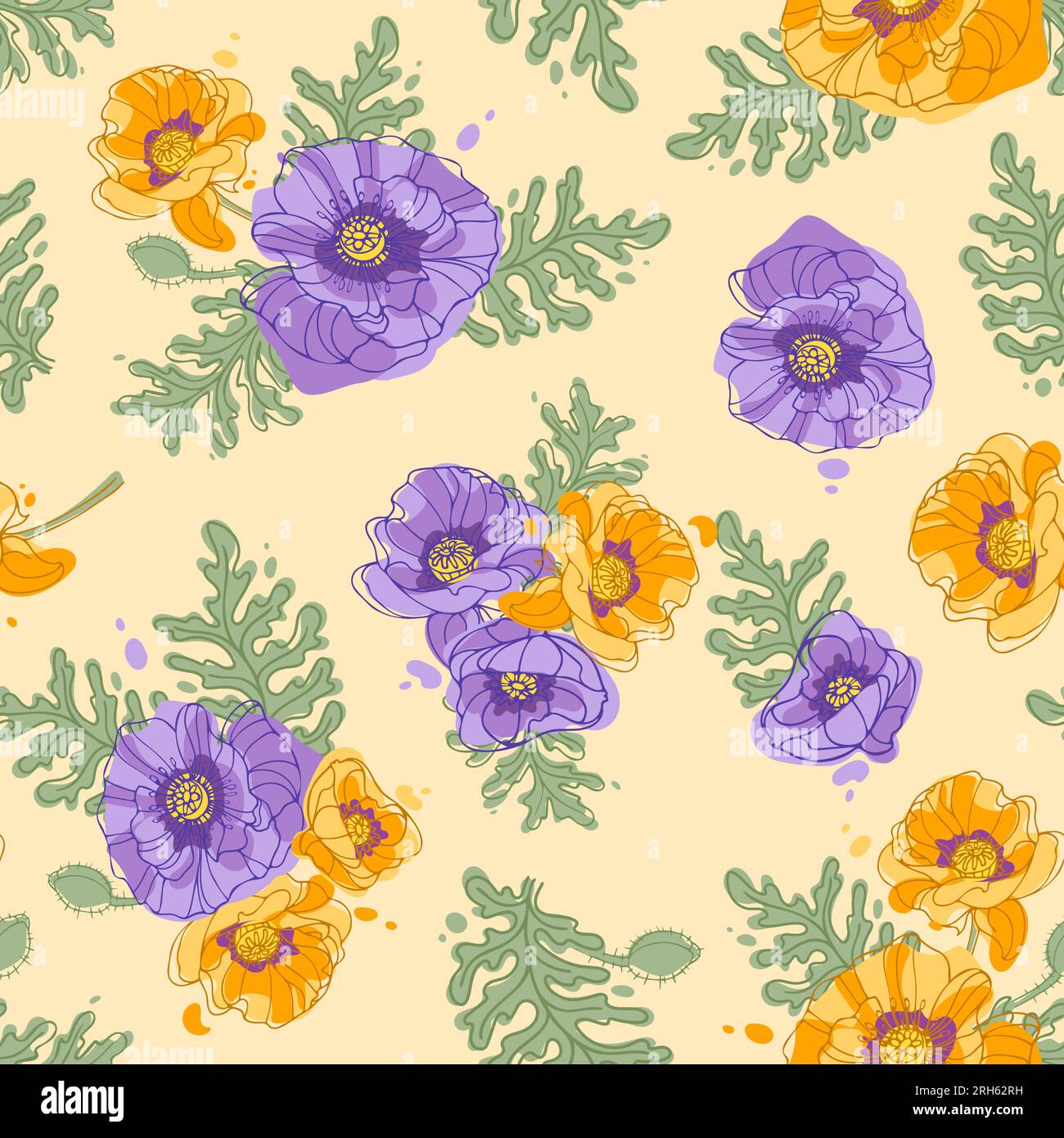 Delicate bouquets of blooming poppies. Bright summer pattern. In yellow ...