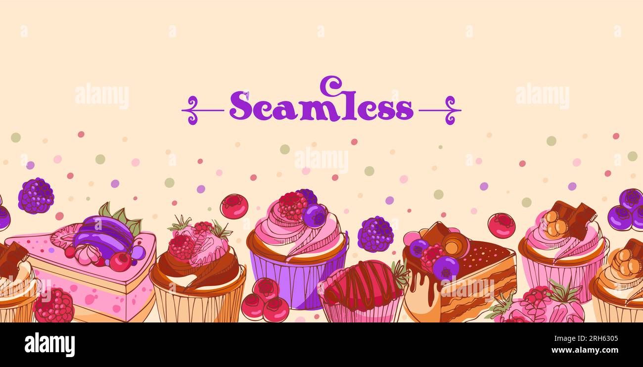 Seamless border from delicious with cupcakes, cake slices and berries ...