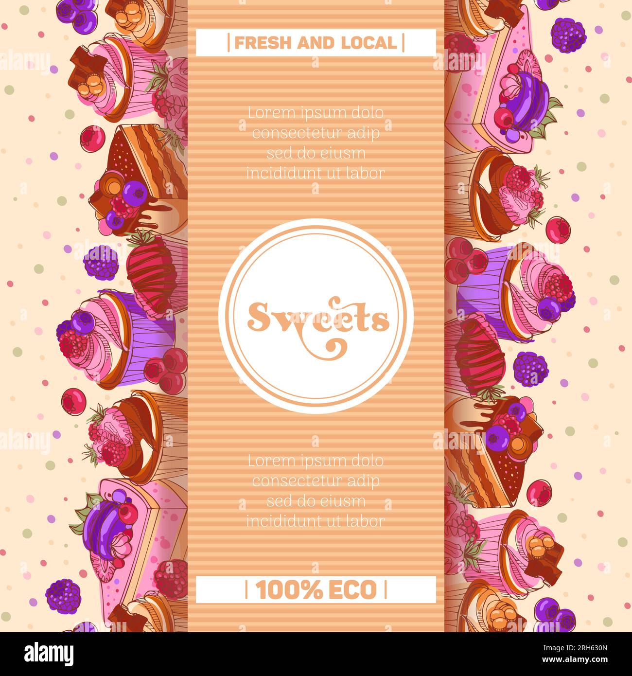 Graphic vintage illustration with cupcakes, cake slices and berries. Dessert packaging template ...