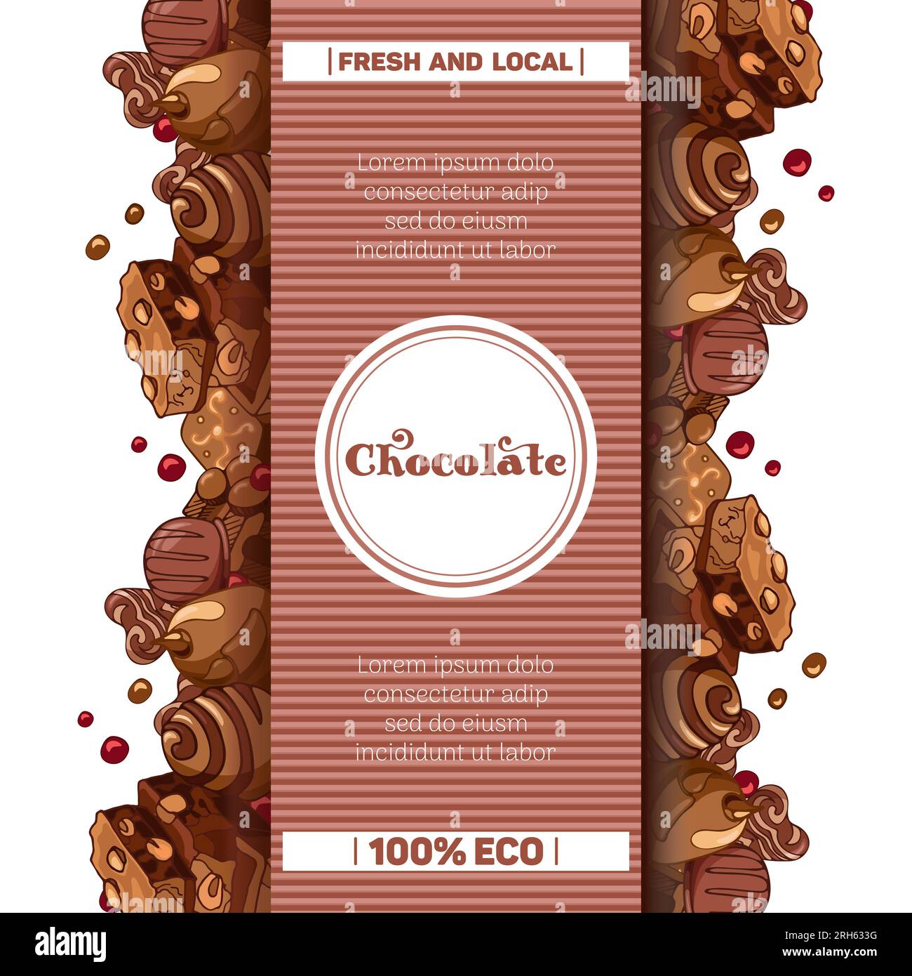 Graphic vintage illustration with milk chocolate pieces, nuts, candies ...