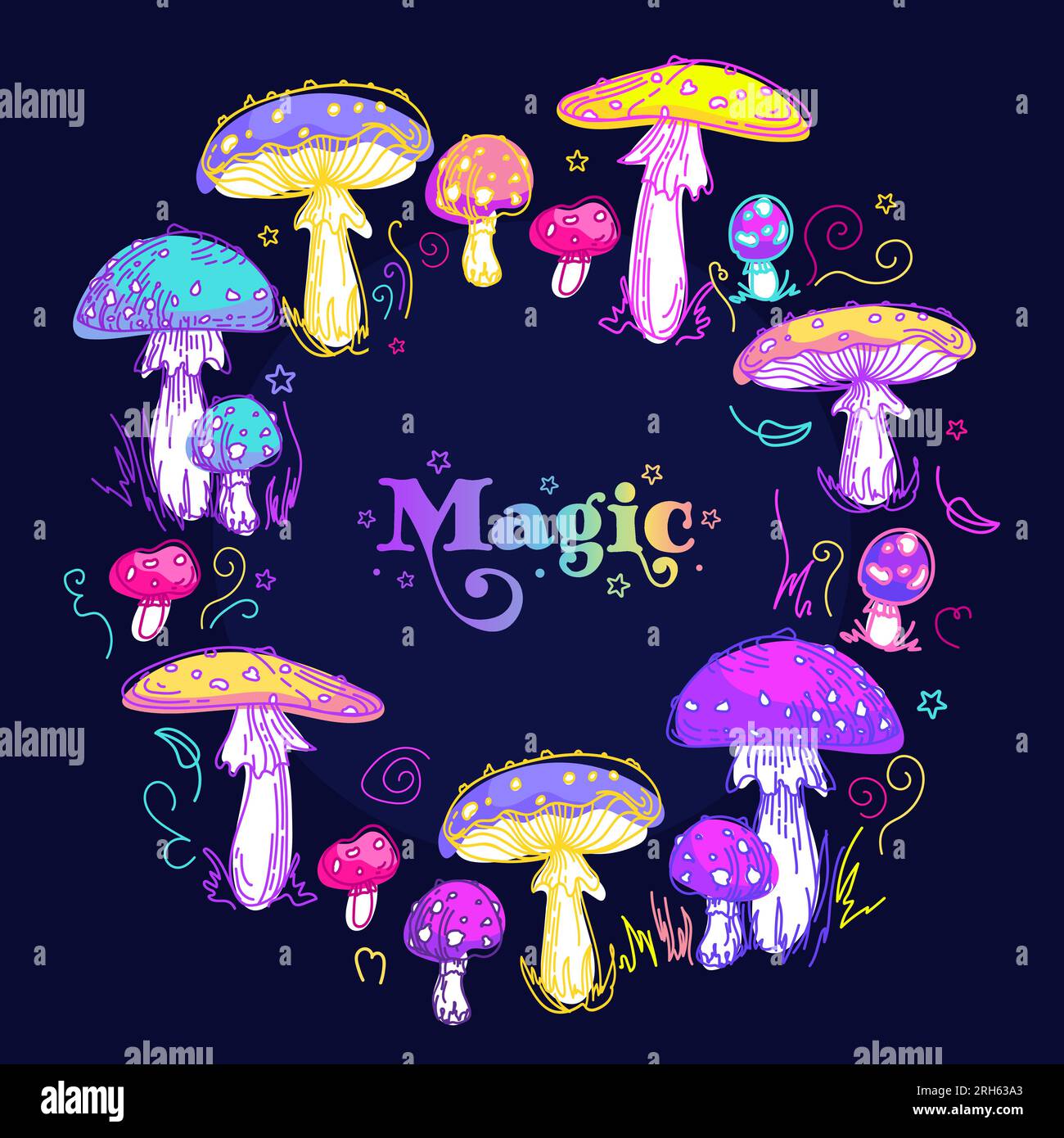 Fairy Rings. Magic witchs circle of fly agaric mushrooms. Psychedelic ...