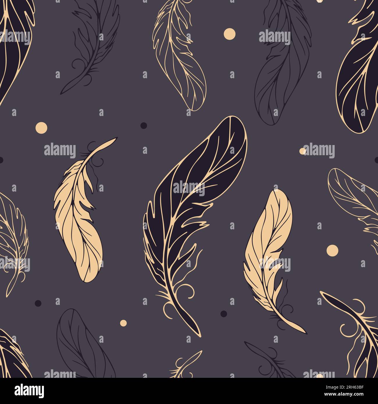 Vintage flying golden feathers Graceful pattern in sketch style on a ...