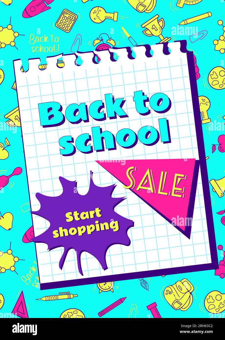 Back to school. Bright vector vintage banner in neon colors of 90s ...
