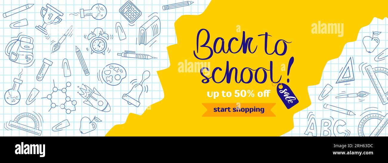 Back to school. Bright modern banner in doodle style. A sheet from a ...