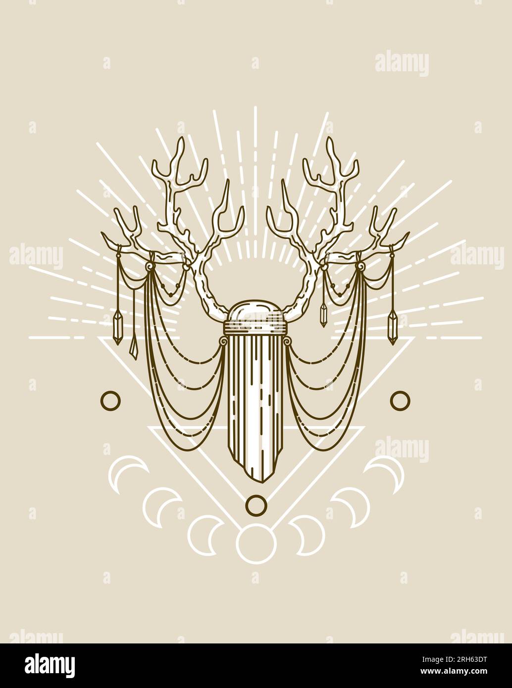 Deer antlers, crystal, sun rays, moon phases. Vector illustration in ...