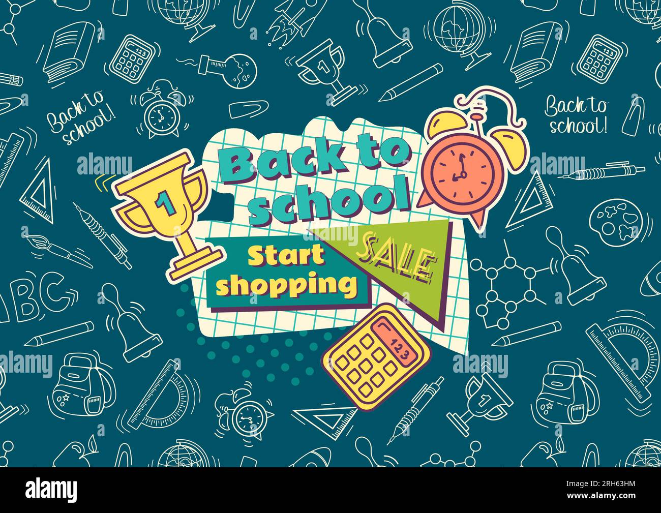 Back to school. Bright banner in vintage colors, 90s cartoon style ...