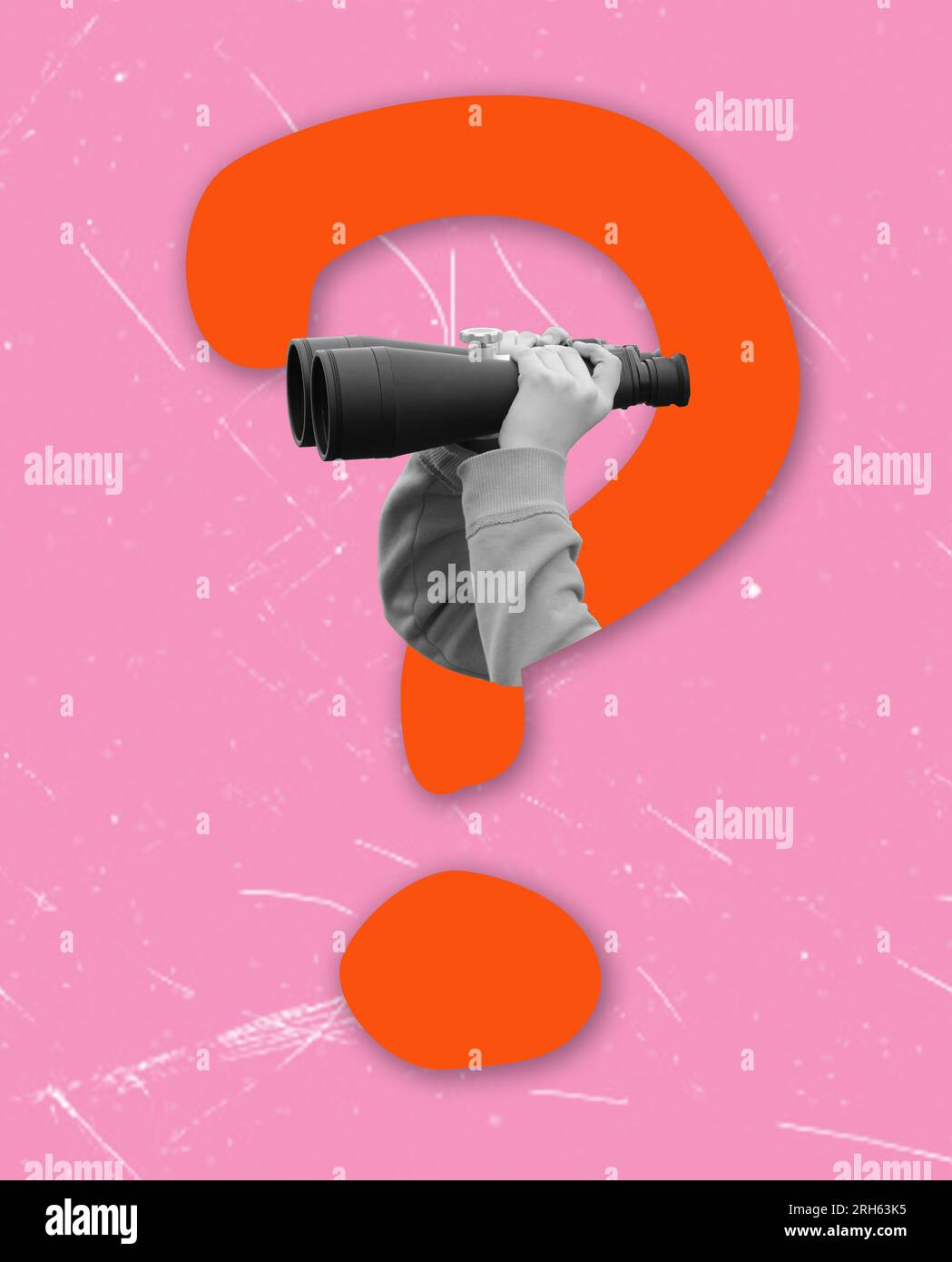 Contemporary art collage. Businessman looking through binoculars at a ...