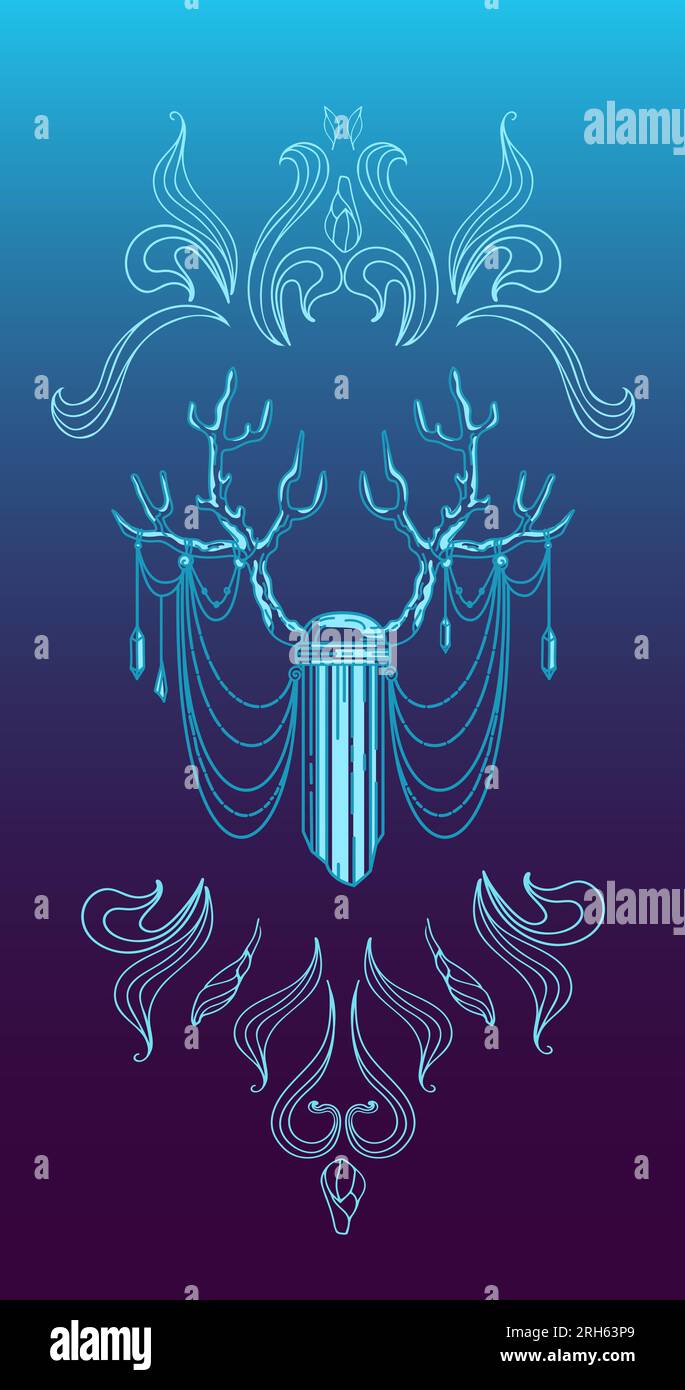 Deer antlers, crystal, floral motifs, phases of the moon. Vector ...