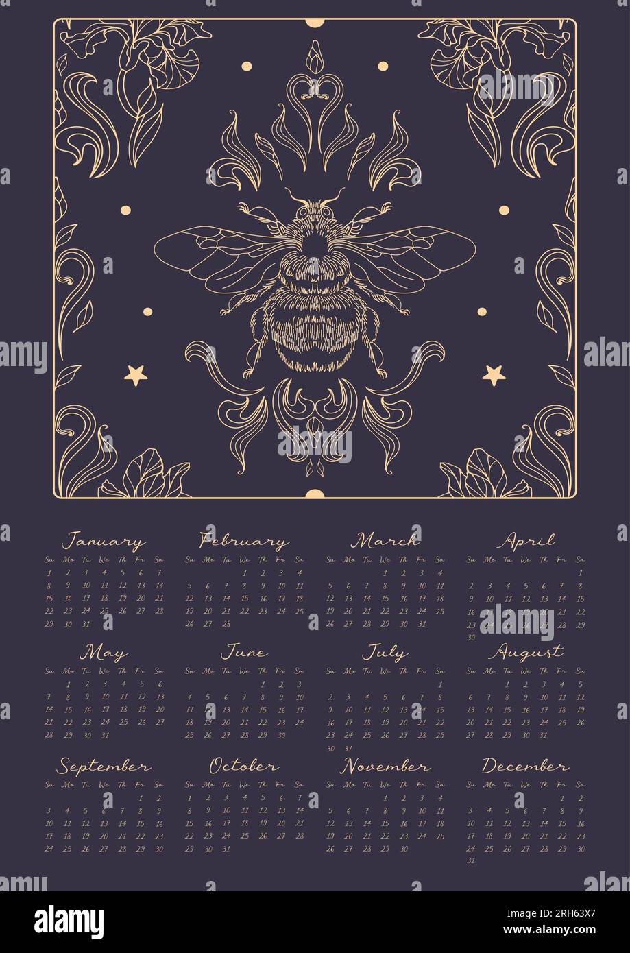 Golden bumblebee, stars and leaves on a dark background, vintage style ...