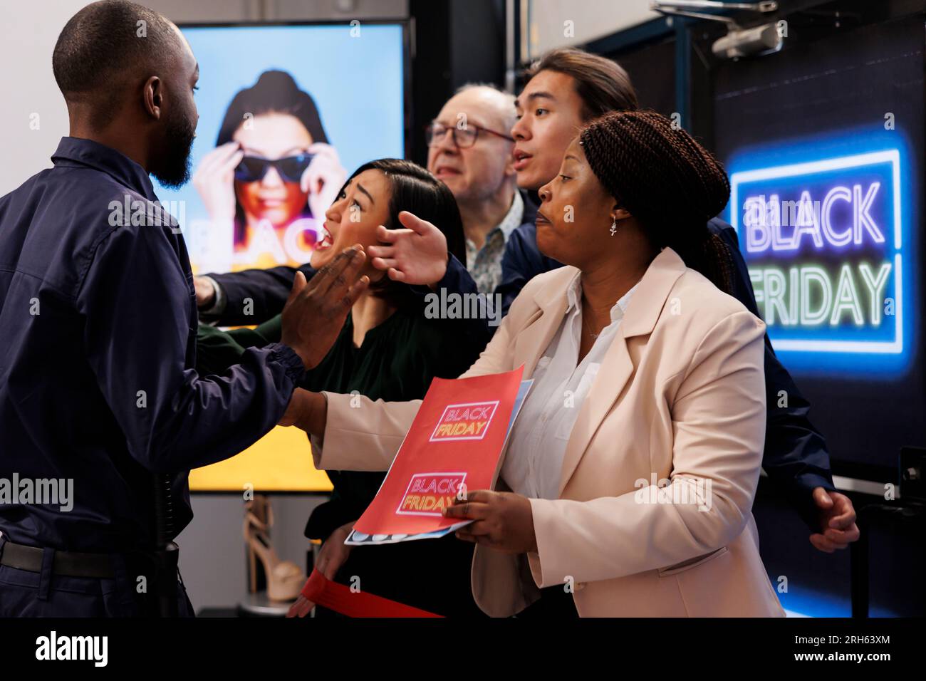 Frenzy diverse people shoppers standing at store entrance going crazy ...
