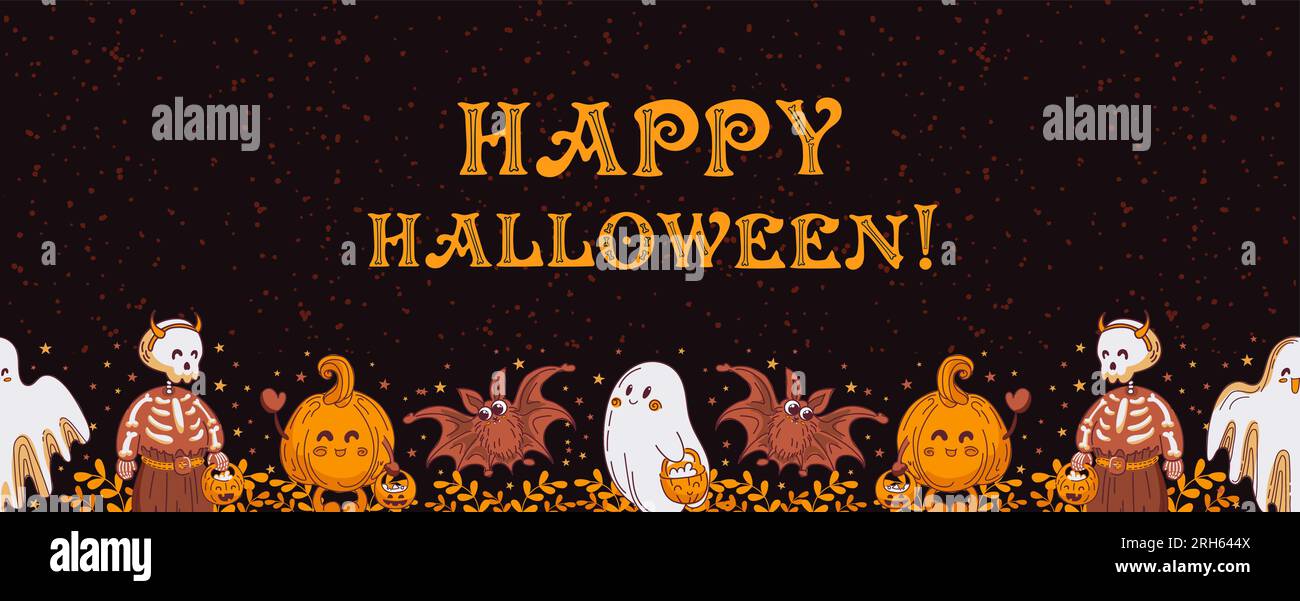 Happy Halloween. Cute ghosts, a skeleton, a pumpkin and a bat are ...