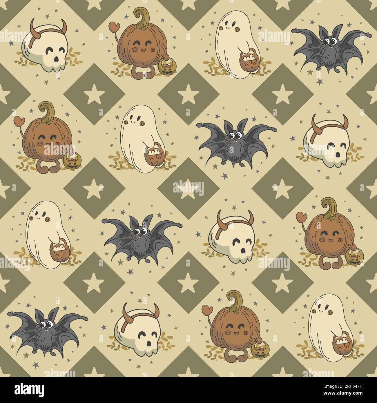 Seamless pattern of adorable halloween characters. Cute ghosts ...