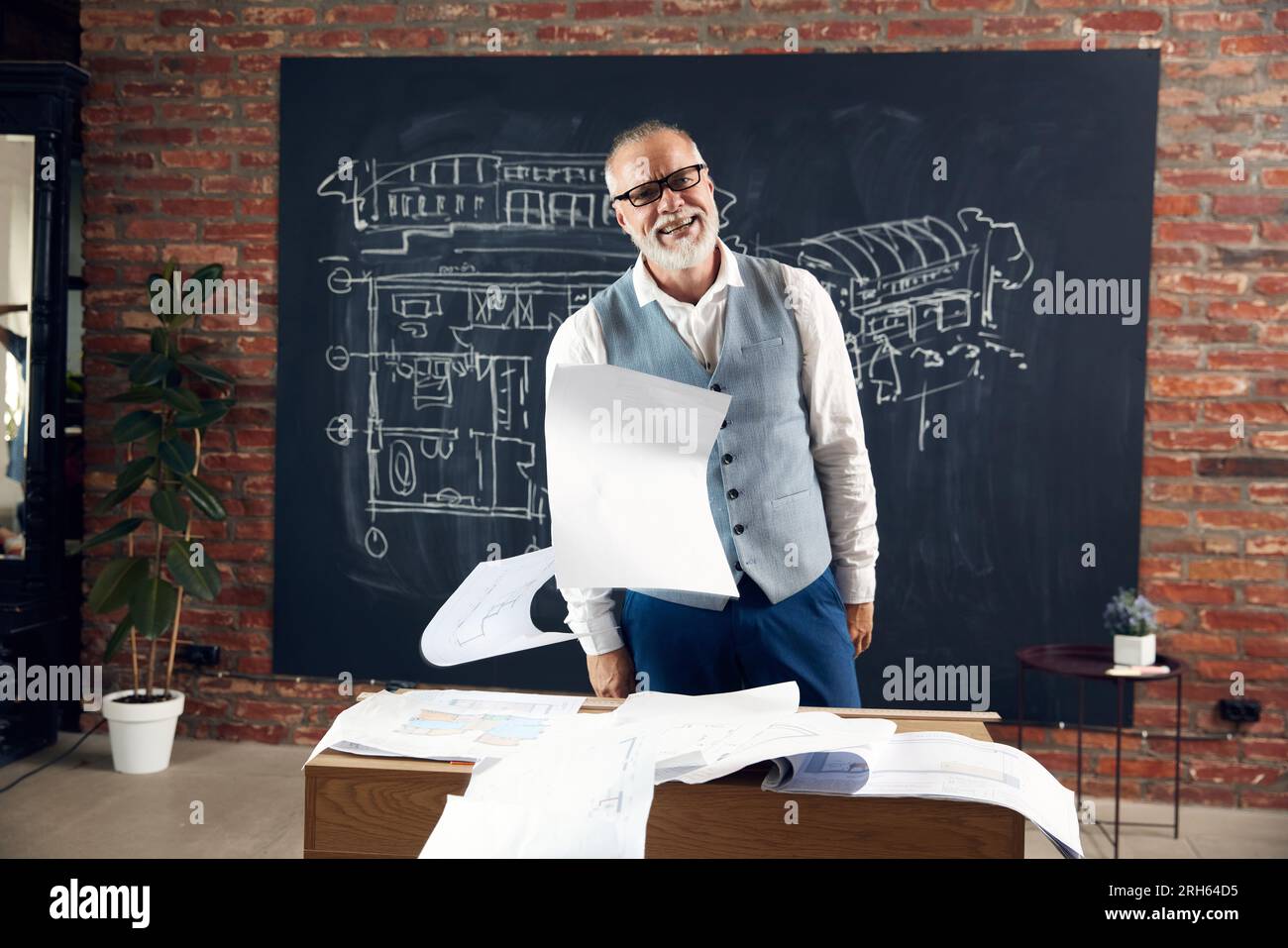 Senior excited bearded man, architect expressing positivity about ...