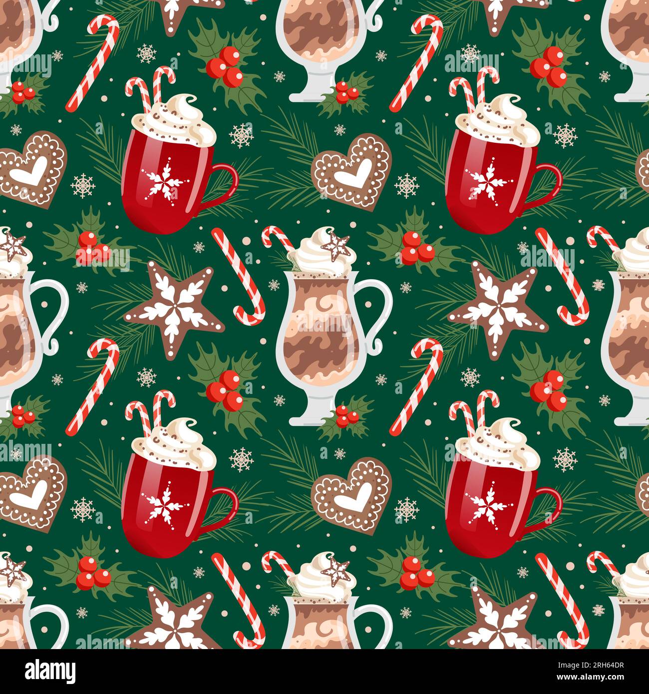 Winter Christmas drinks, seamless pattern. Hot chocolate and whipped ...