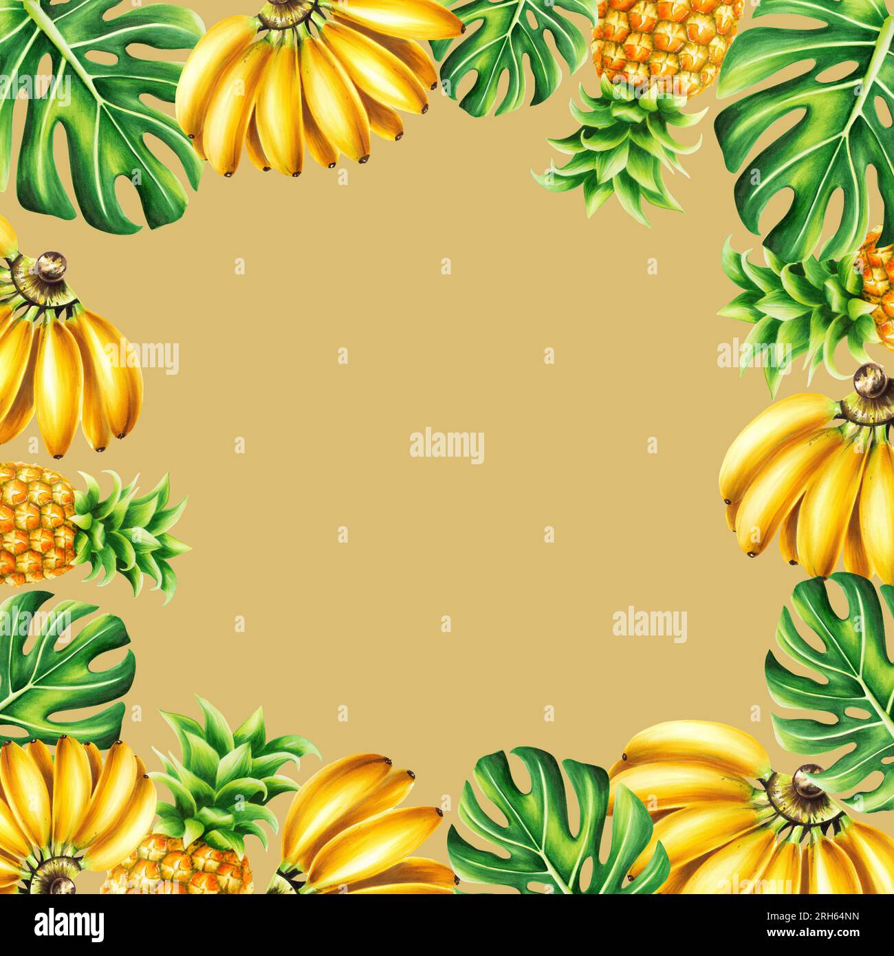Watercolor tropical frame with a bunch of bananas, pineapples and ...