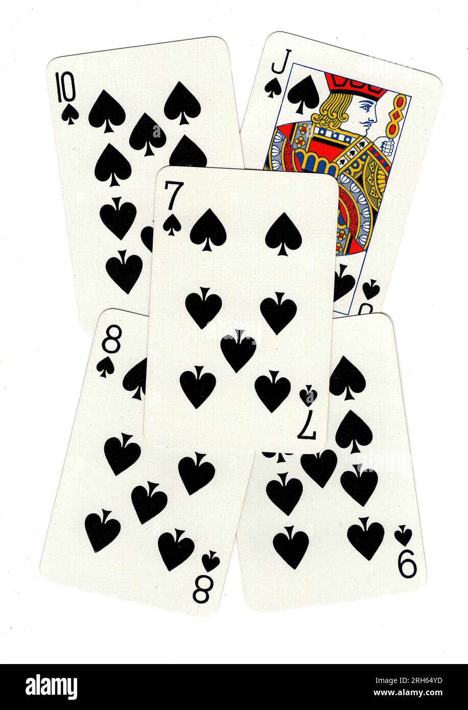 Poker hand of playing cards showing a flush of spades from a seven to a ...