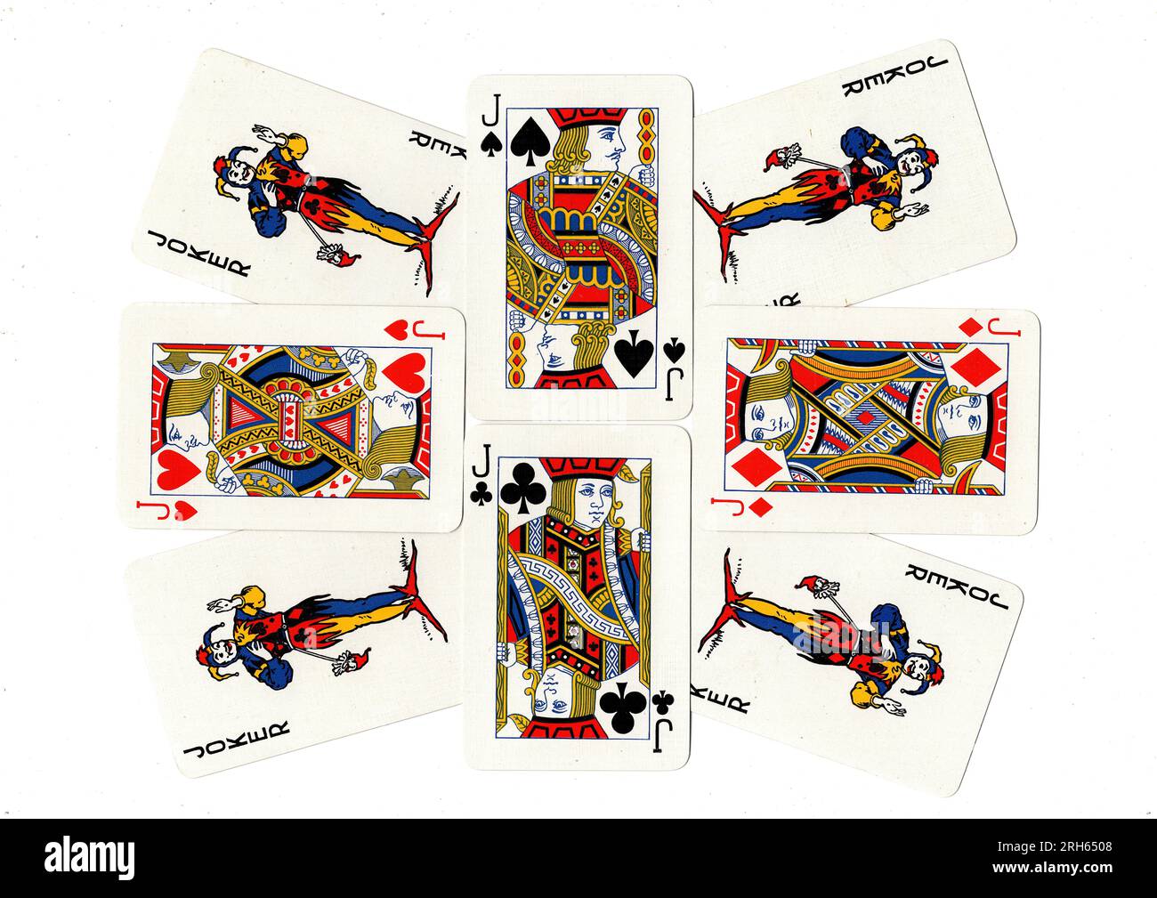 Vintage playing cards showing a display of jacks and jokers Stock Photo ...