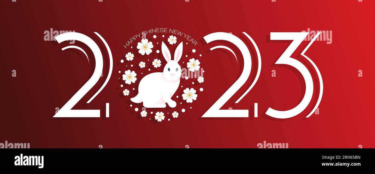 Rabbits, happy Chinese New Year 2023. Bright vector banner. Sakura ...