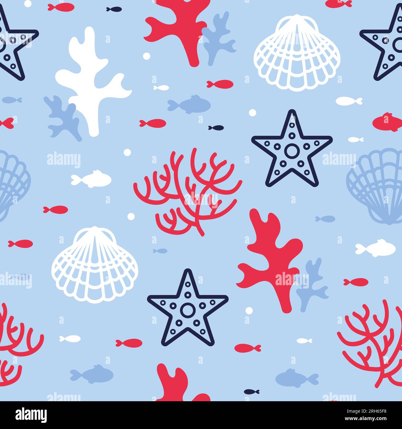 Summer marine seamless pattern with corals, starfish, algae, shells and ...