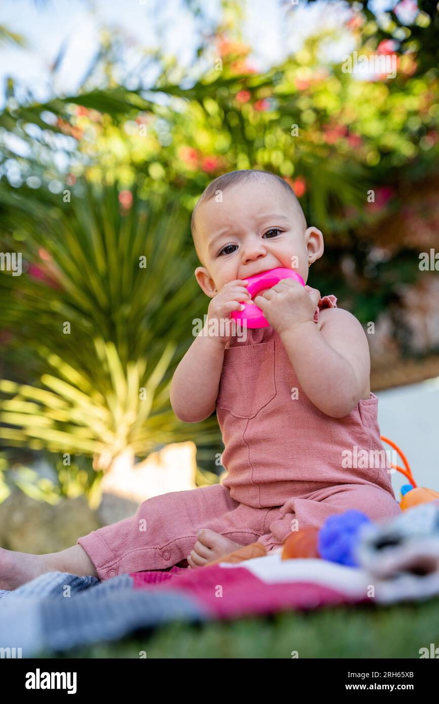 little baby sitting in the garden at home biting a teether to relieve ...
