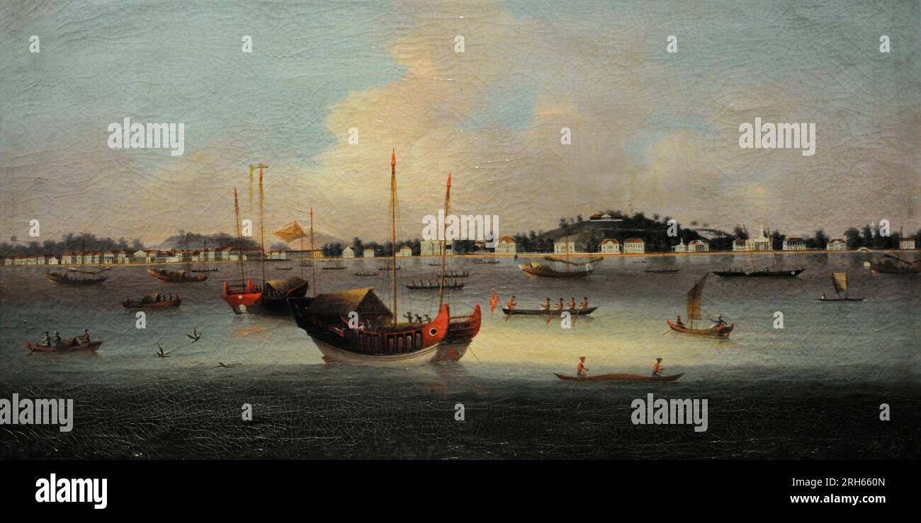 Port of Singapore, ca.1850. At the background, the hill of Fort Canning ...