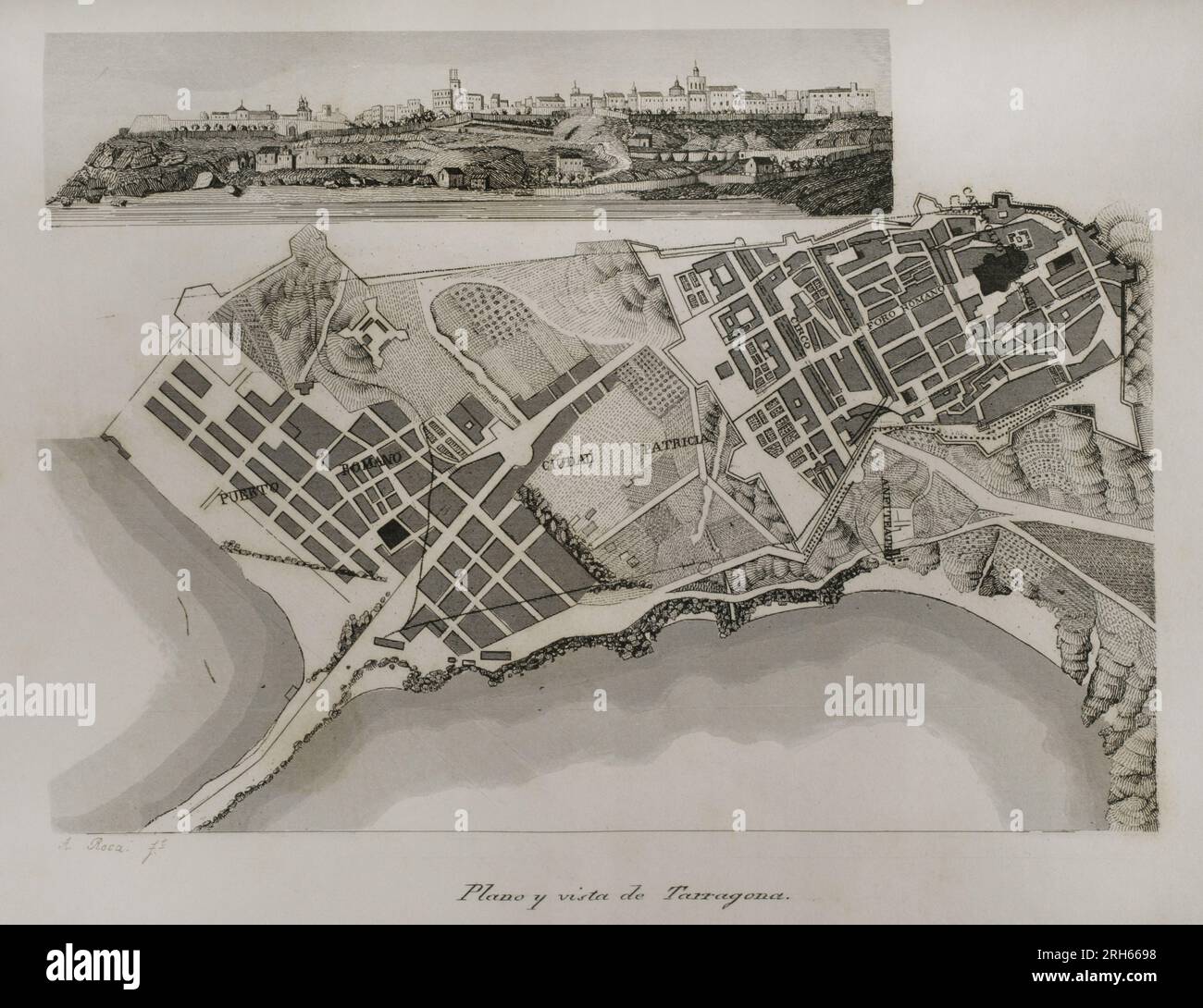 Spain, Catalonia. Map of the city of Tarragona. Engraving by Antonio ...