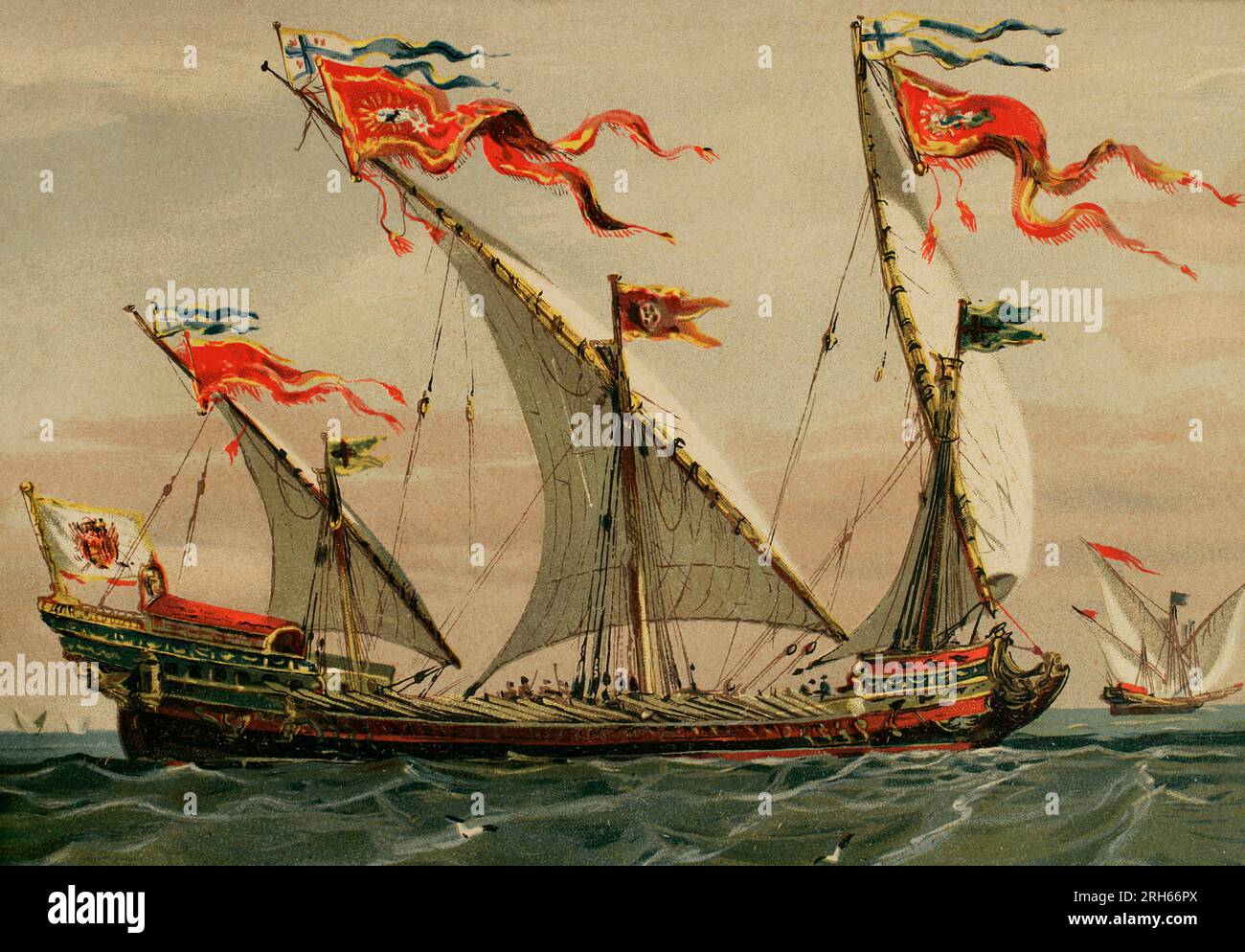 16th century-galleass garnished. Chromolithography. Historia General de ...