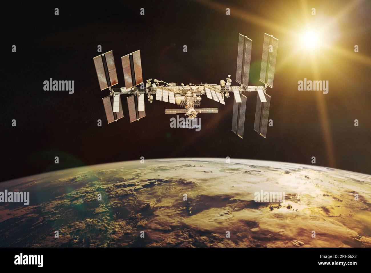 International Space Station on background of rising Sun. Elements of ...