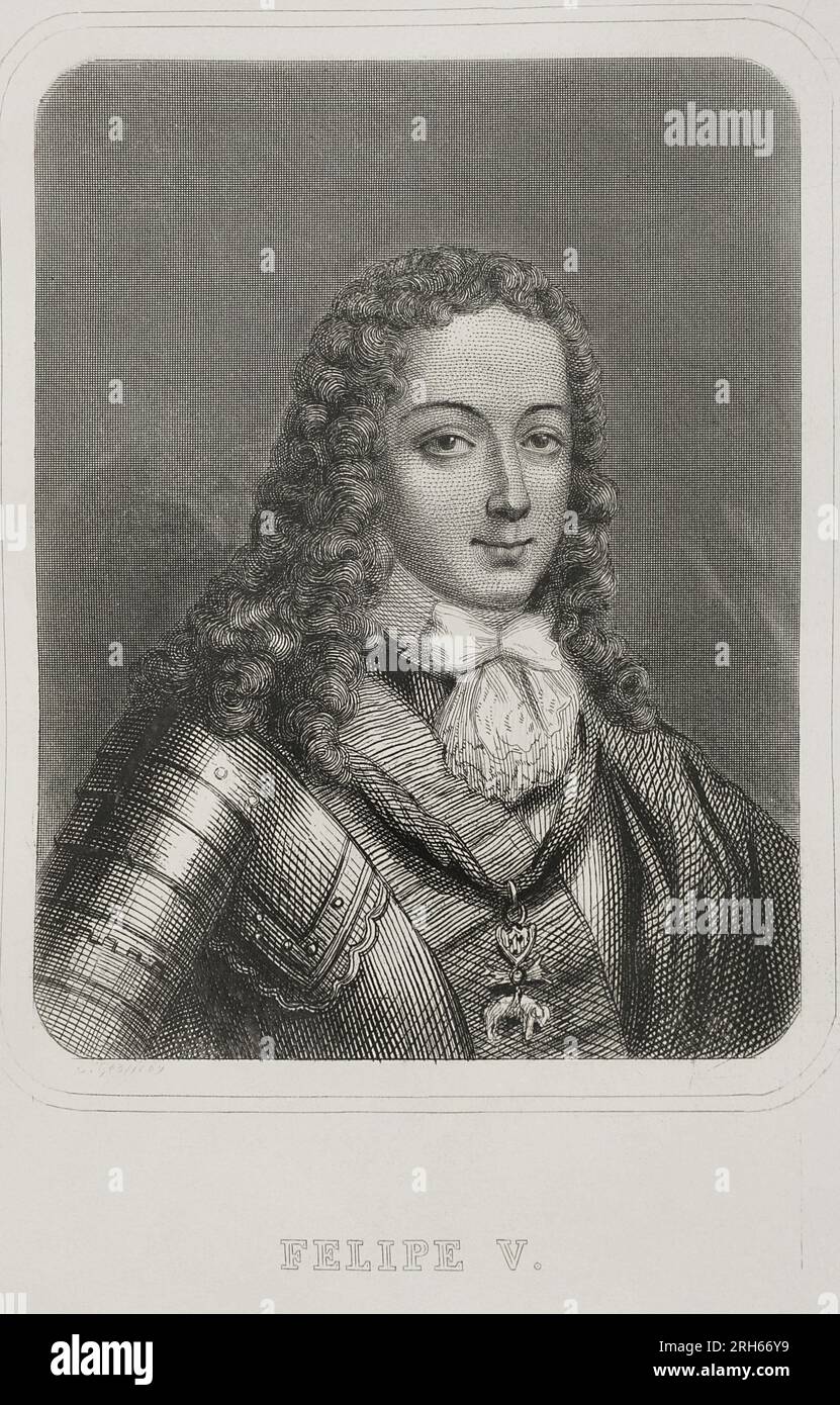Philip V (1683-1746). King of Spain (1700-1746). Portrait. Engraving by Geoffroy. "Historia ...