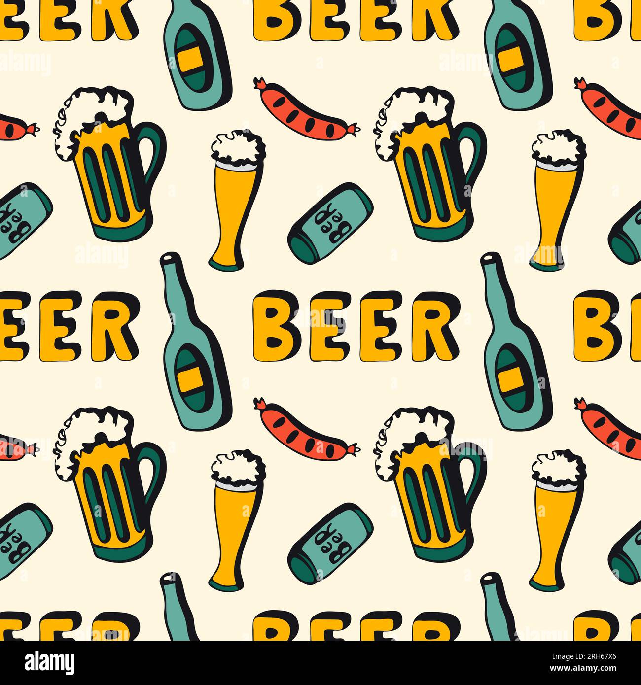oktoberfest pattern with beer sausages and beer glasses and bottles ...