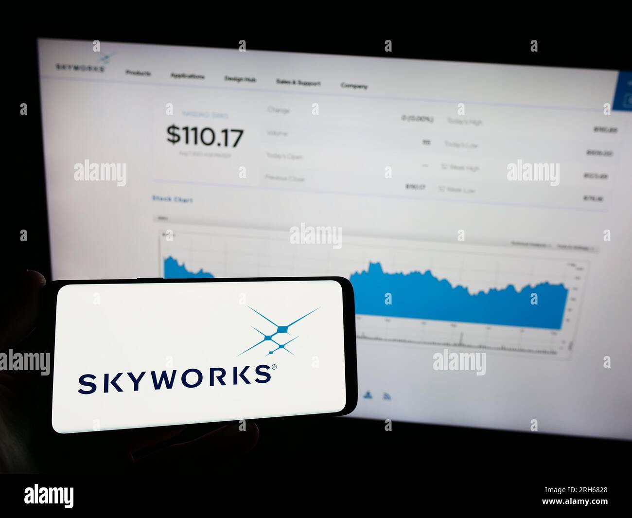 Person holding mobile phone with logo of US semiconductor company Skyworks Solutions Inc. on ...