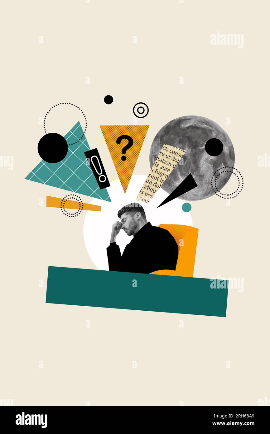 Vertical collage of unsatisfied black white colors minded guy question ...