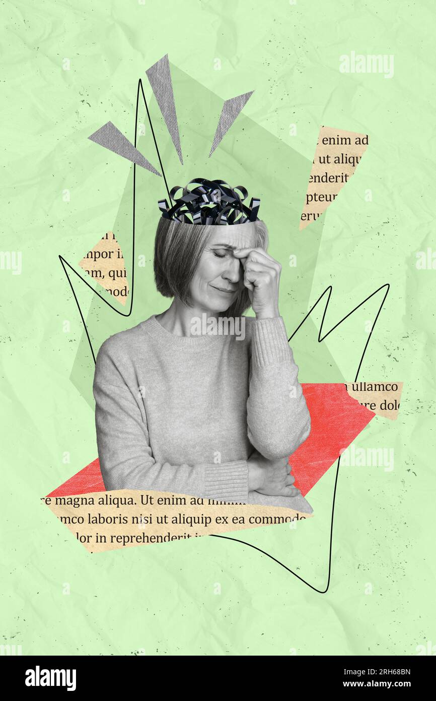 Artwork collage picture of doubtful tired lady having puzzled thoughts ...