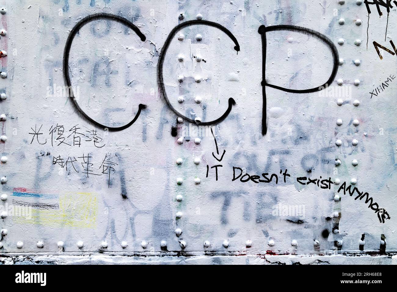 London, UK. 8th Aug, 2023. Anti-Beijing counter-slogans are seen in ...