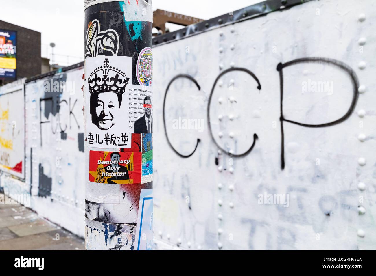 London, UK. 8th Aug, 2023. Anti-Beijing counter-slogans are seen in ...