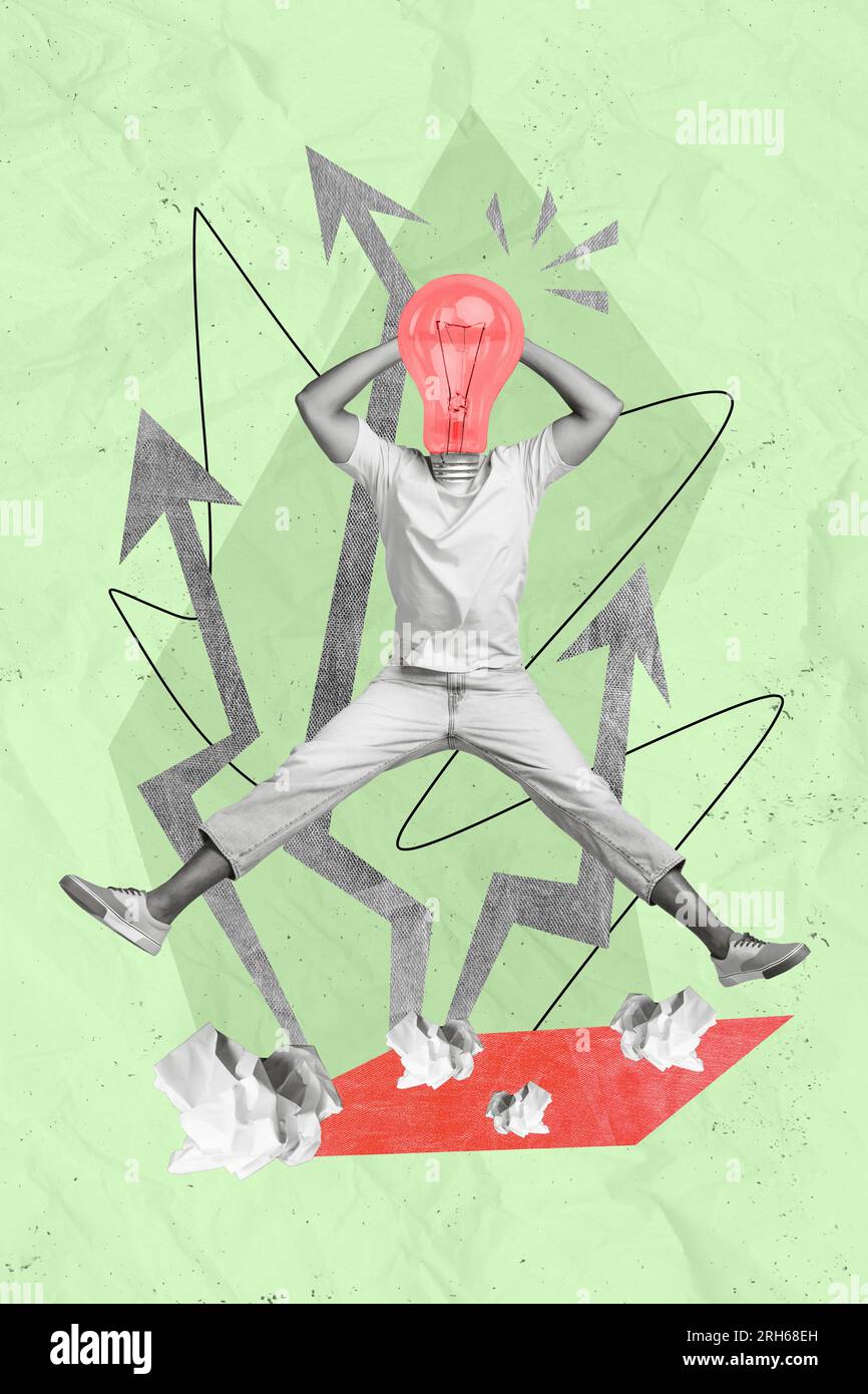 Collage retro sketch image of excited funky guy light bulb instead of ...