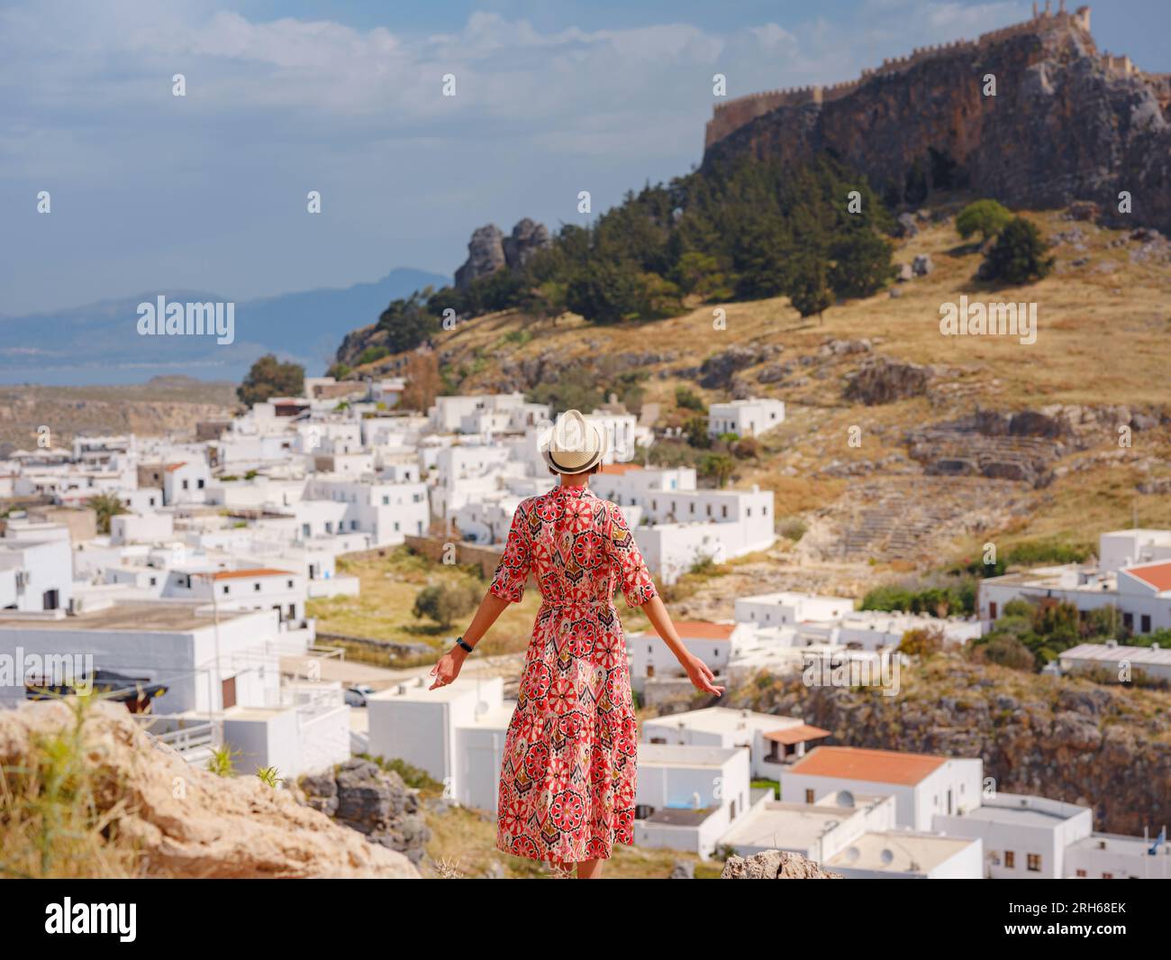 Nice Happy Female Enjoying Greek Islands. Travel to Greece ...